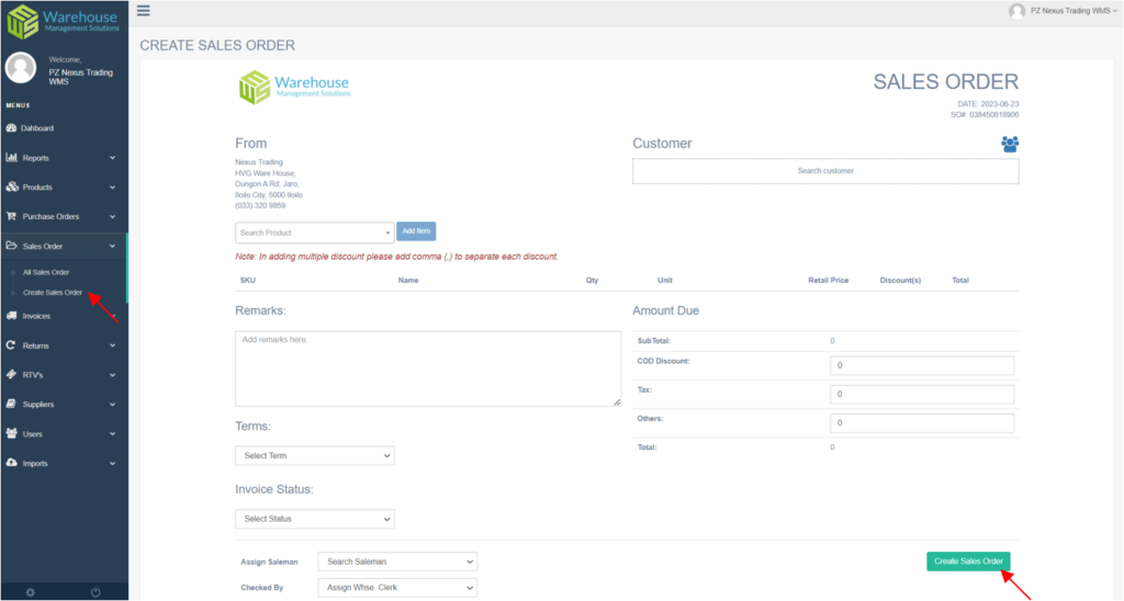 How to create new Sales Order - Warehouse Management System