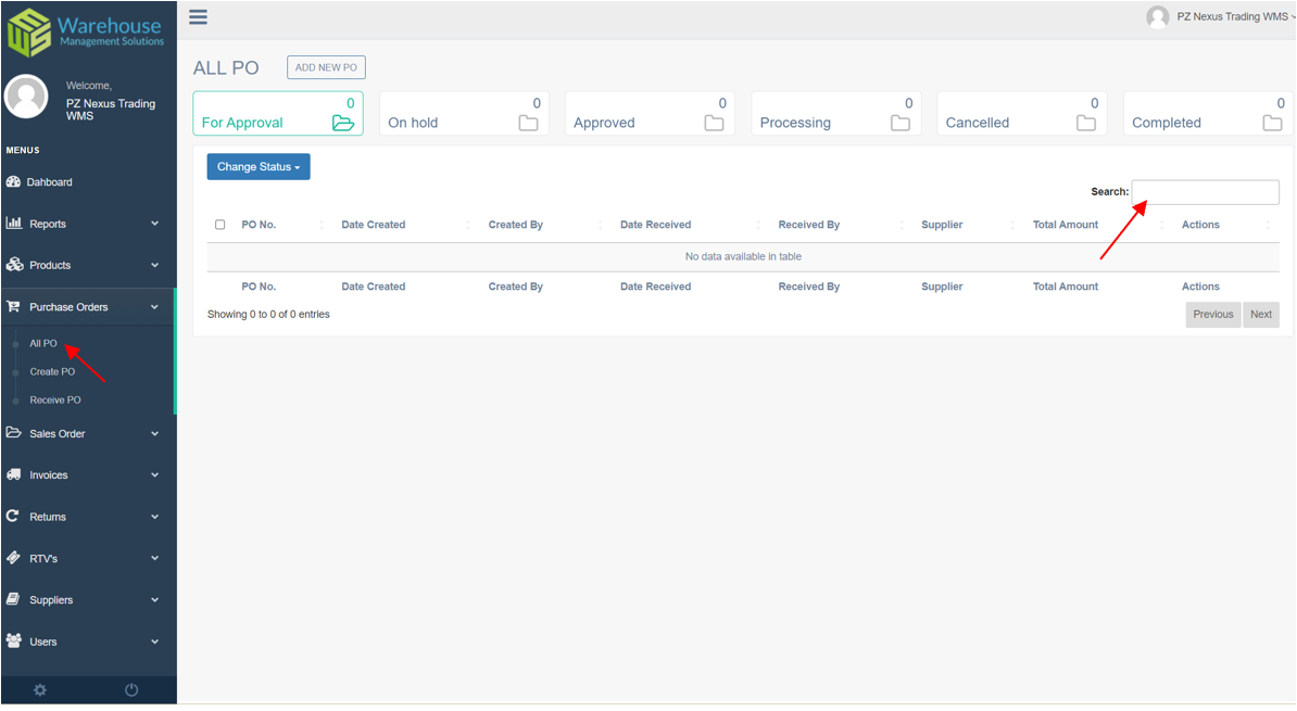 How to search existing Purchase Orders - Warehouse Management System