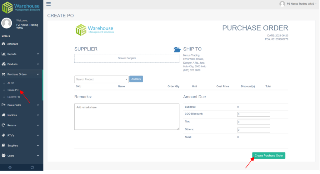 How to create a new Purchase Order - Warehouse Management System